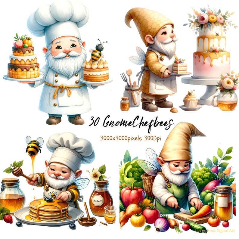 Chef Gnome Watercolor Clip Art, 30 PNG Gnome Chef Bees, Digital File ...