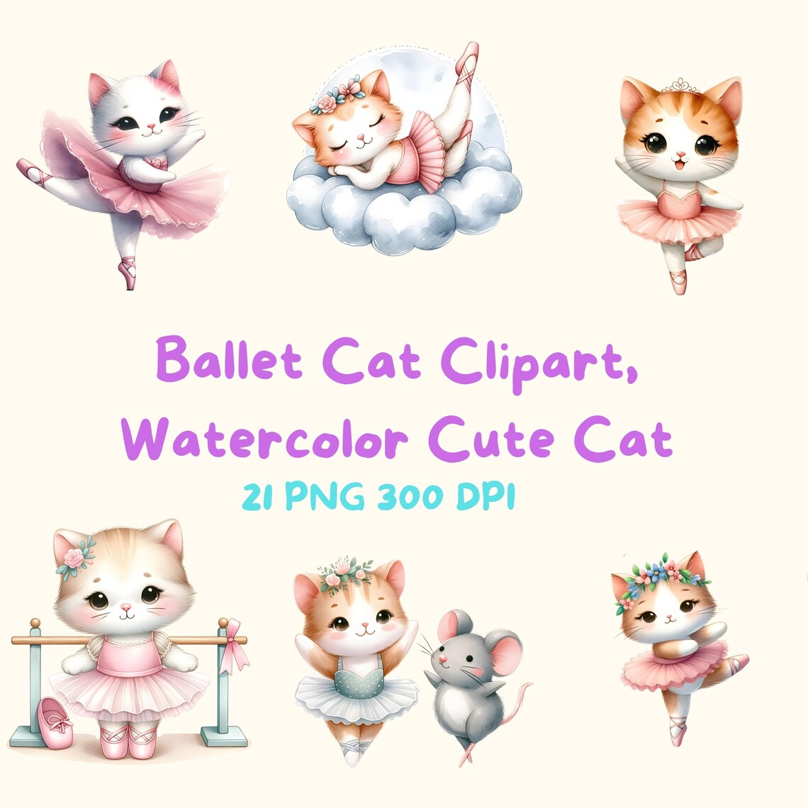 Ballet Cat Clipart, 21 PNG Watercolor Cute Cat Instant Download ...
