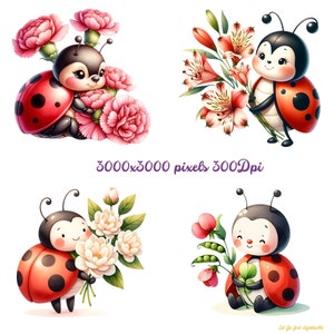 Ladybug Clipart, Watercolor 22 PNG, Ladybug With Flowers Valentine ...
