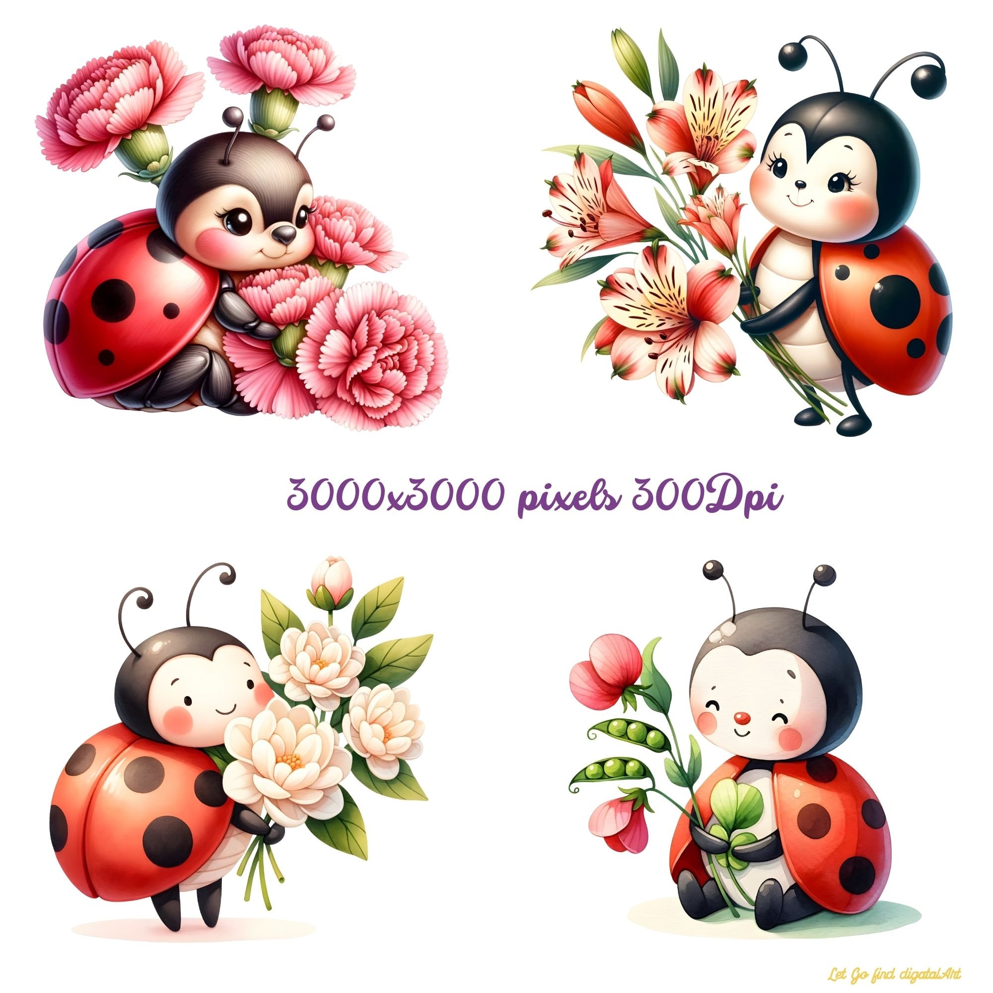 Ladybug Clipart, Watercolor 22 PNG, Ladybug With Flowers Valentine ...
