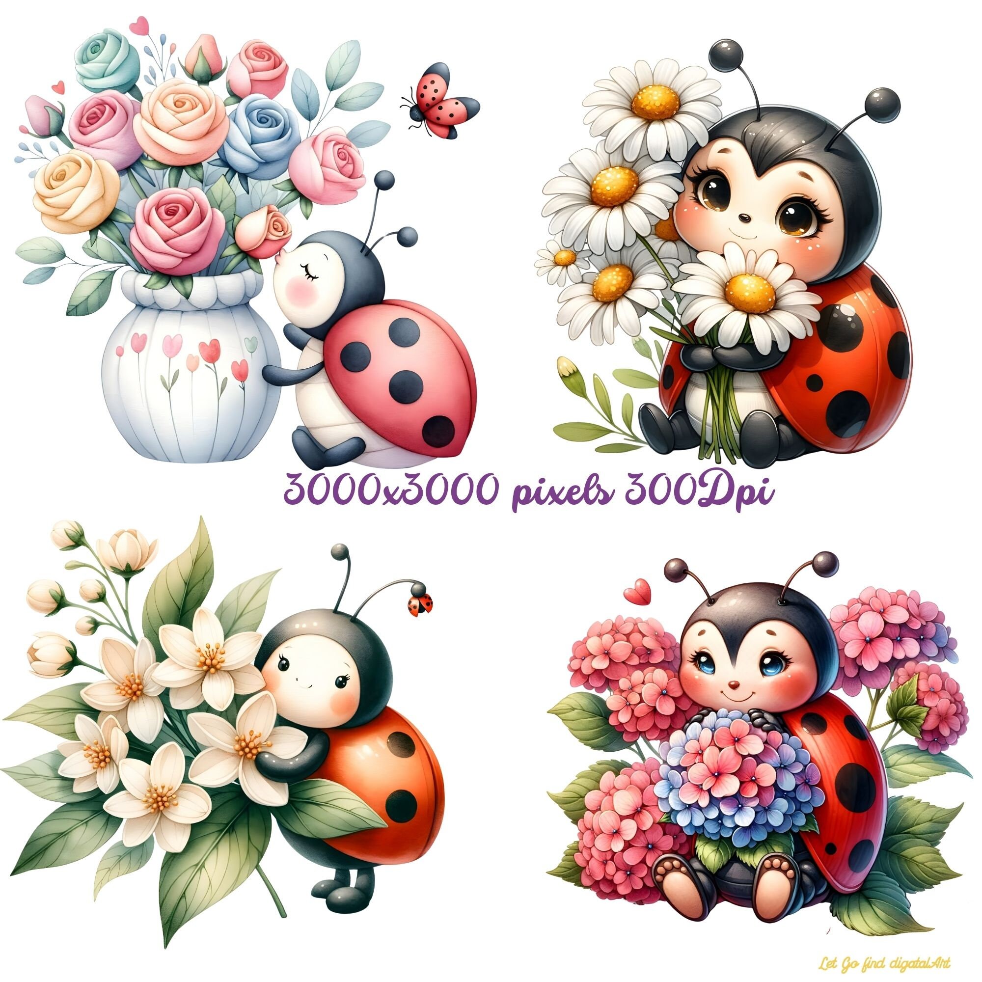 Ladybug Clipart, Watercolor 22 PNG, Ladybug With Flowers Valentine ...