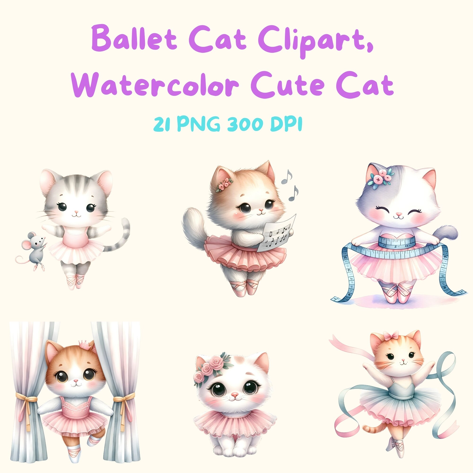 Ballet Cat Clipart, 21 PNG Watercolor Cute Cat Instant Download ...