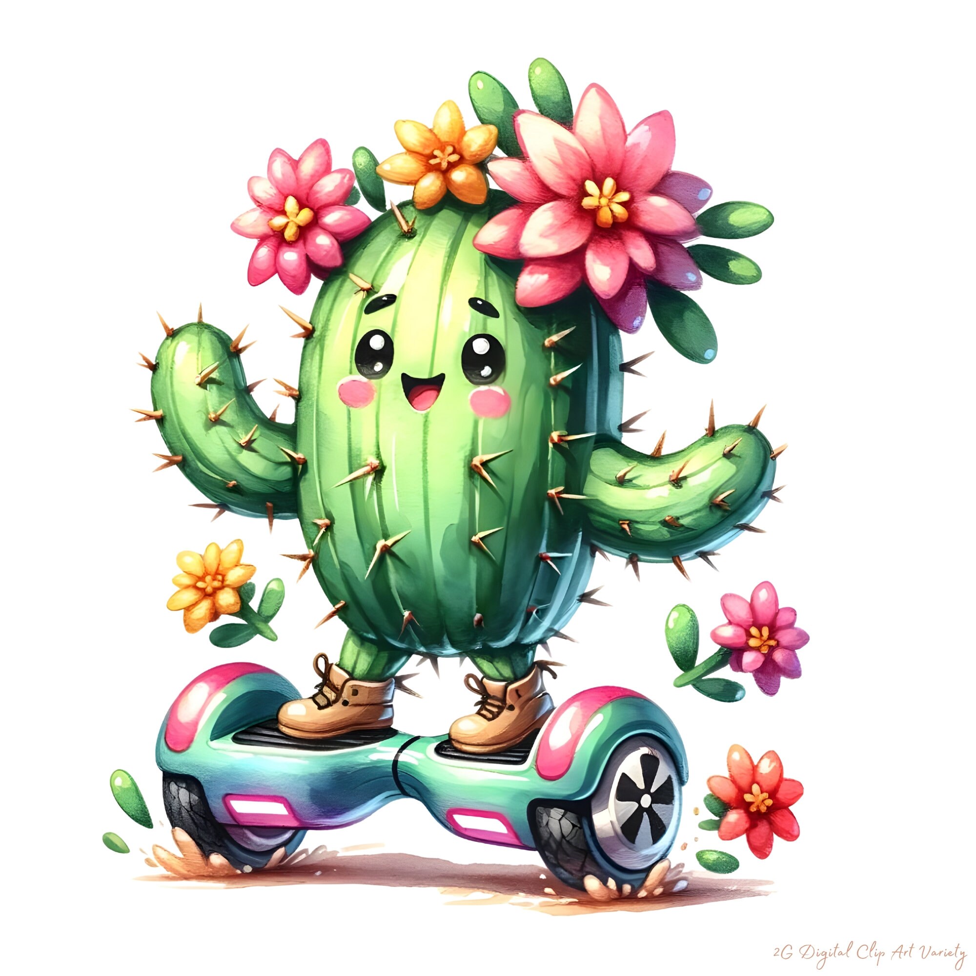 A Set of 5 Cute & Bright Blooming Cactus Clip Art PNG, Digital Download ...
