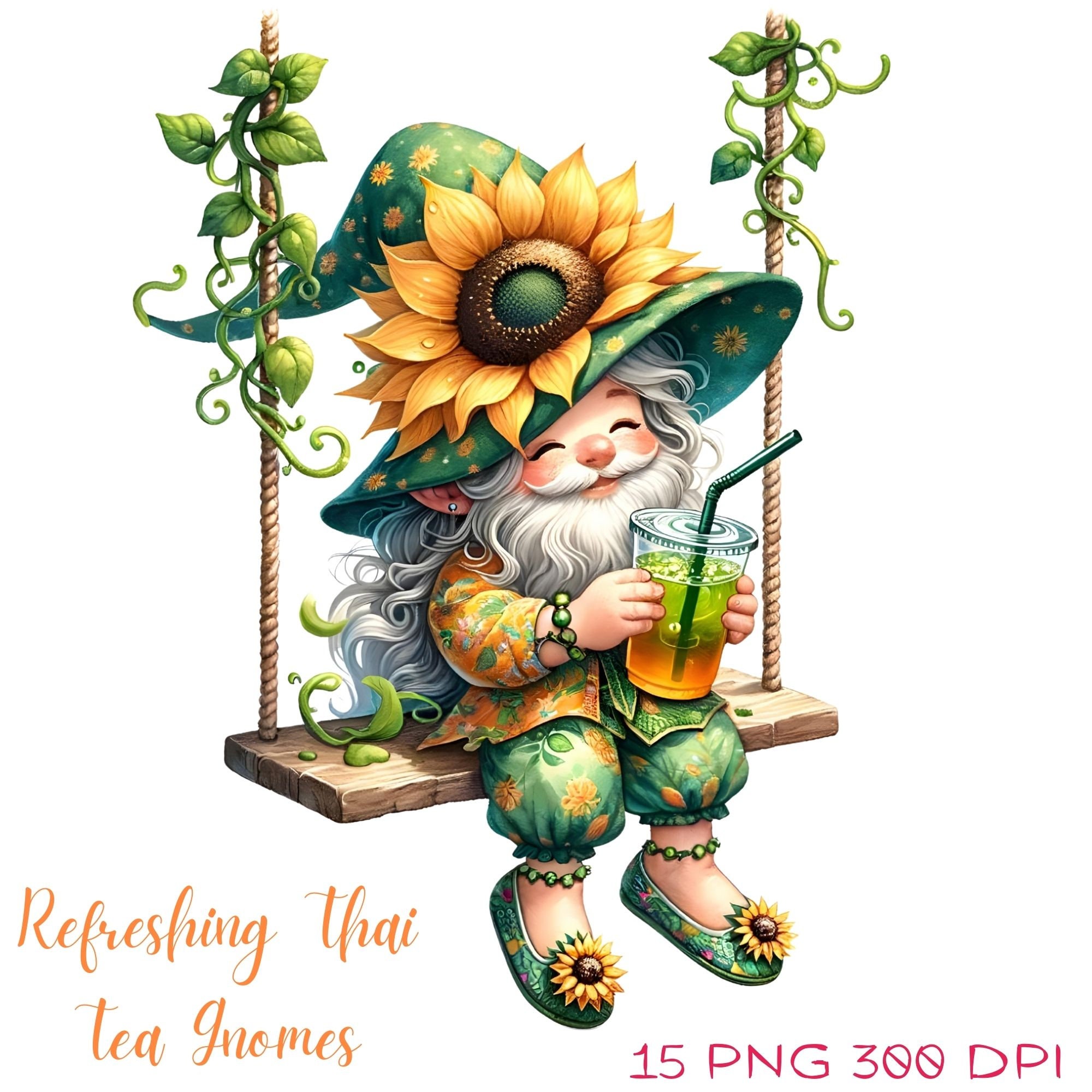 Watercolor Gnome Thai Tea Clipart, 15 PNG Collection Refreshing Thai ...