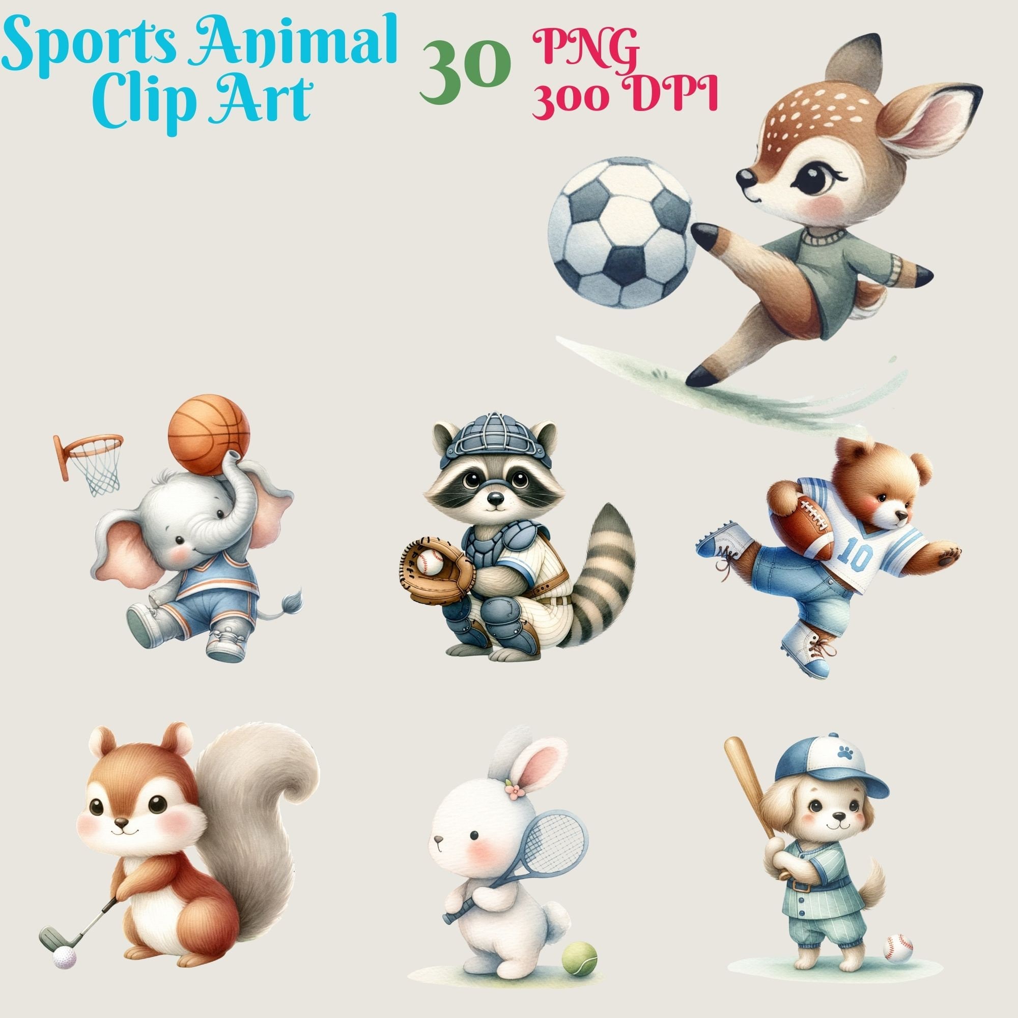 Sport Animal Clipart, Watercolor 30 PNG Athletic Animal, Sports ...