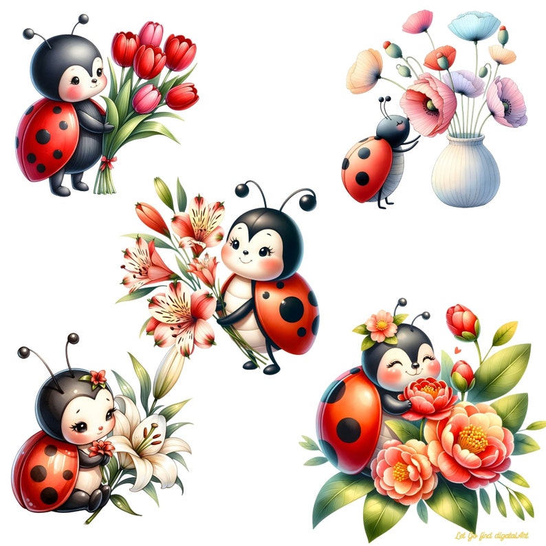 Ladybug Clipart, Watercolor 22 PNG, Ladybug With Flowers Valentine ...