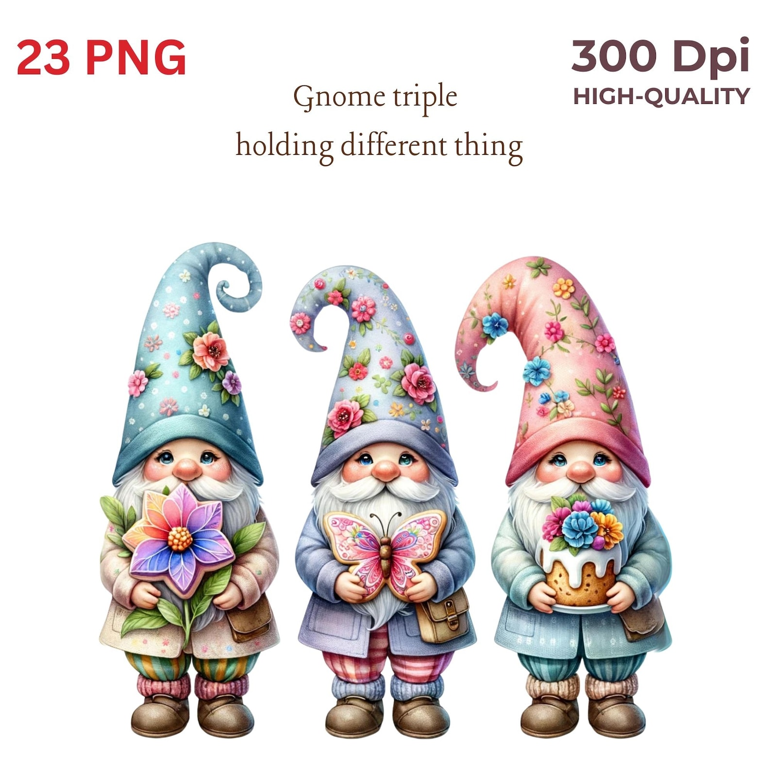 Watercolor Clipart Gnome Triple Holding Different Things, 23 PNG Are in ...