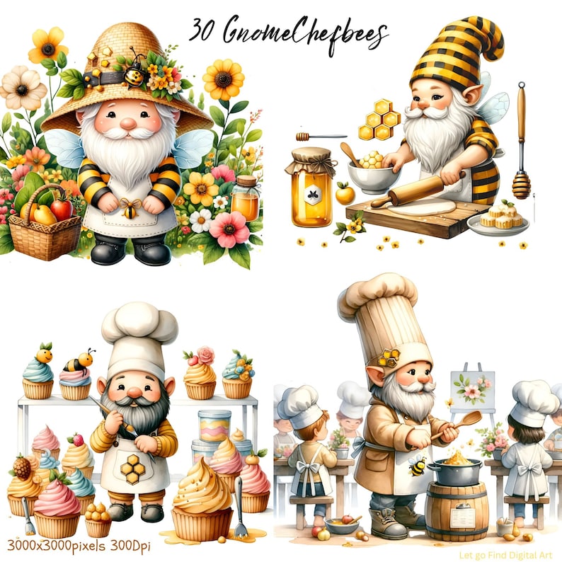 Chef Gnome Watercolor Clip Art, 30 PNG Gnome Chef Bees, Digital File ...