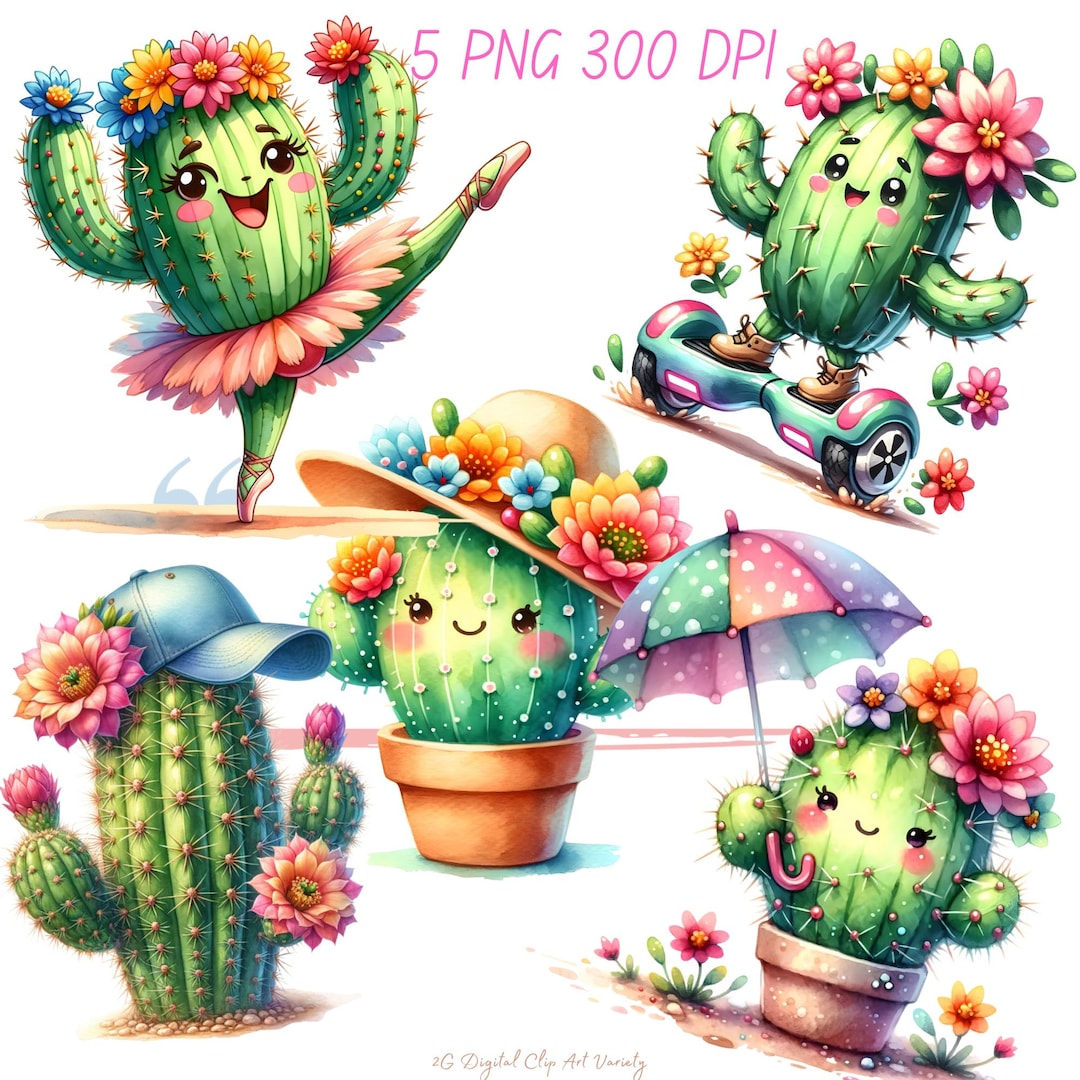 A Set of 5 Cute & Bright Blooming Cactus Clip Art PNG, Digital Download ...