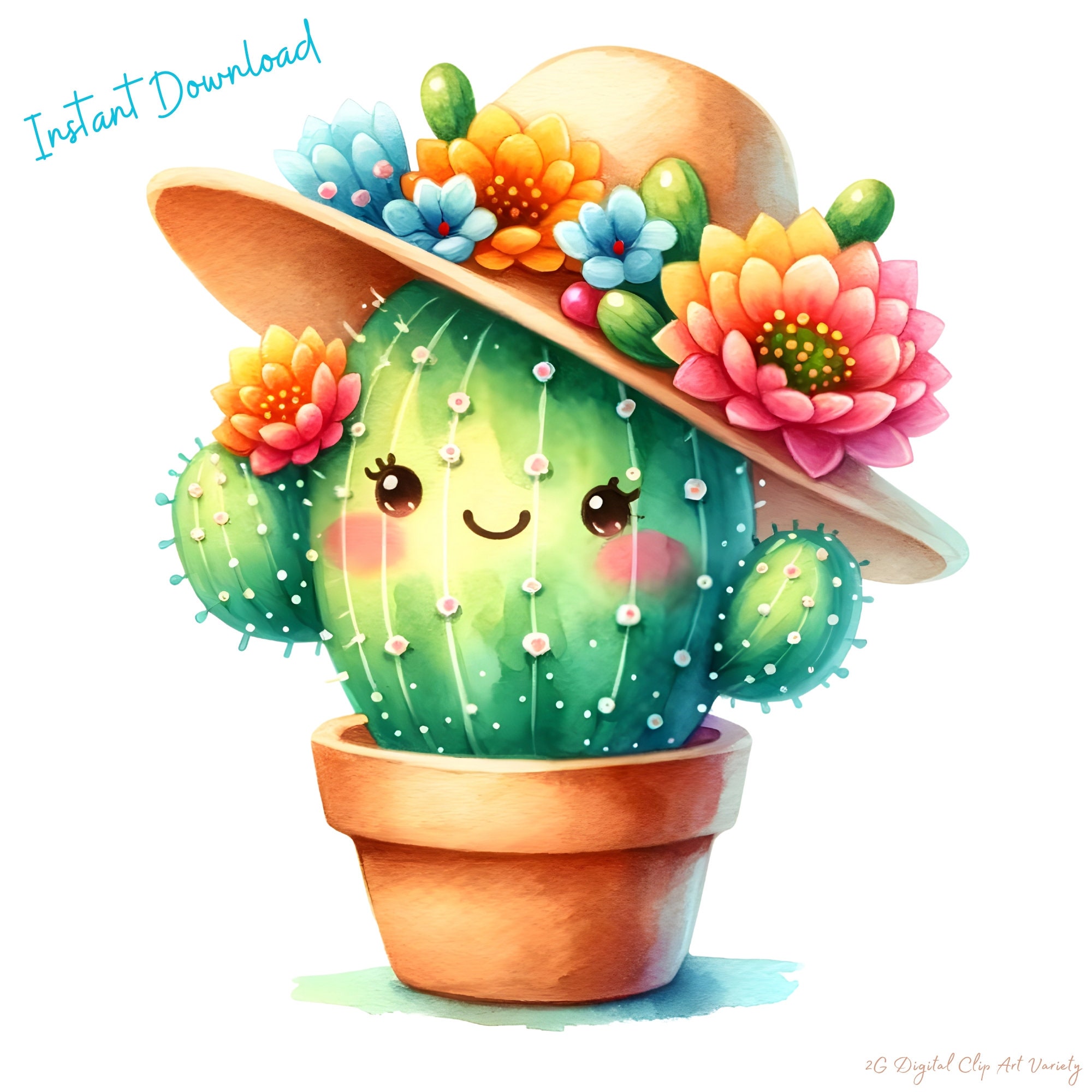 A Set of 5 Cute & Bright Blooming Cactus Clip Art PNG, Digital Download ...