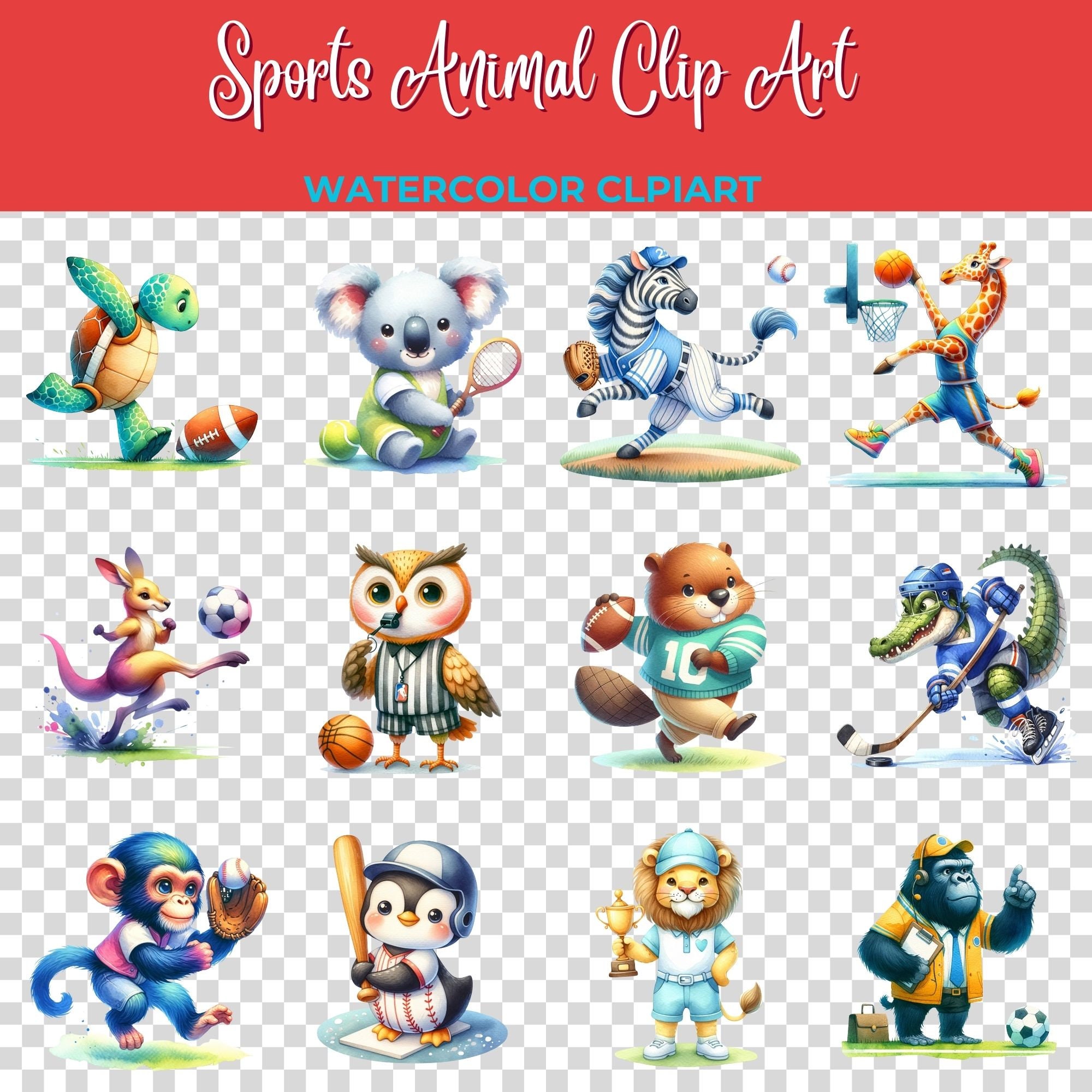 Sport Animal Clipart, Watercolor 30 PNG Athletic Animal, Sports ...