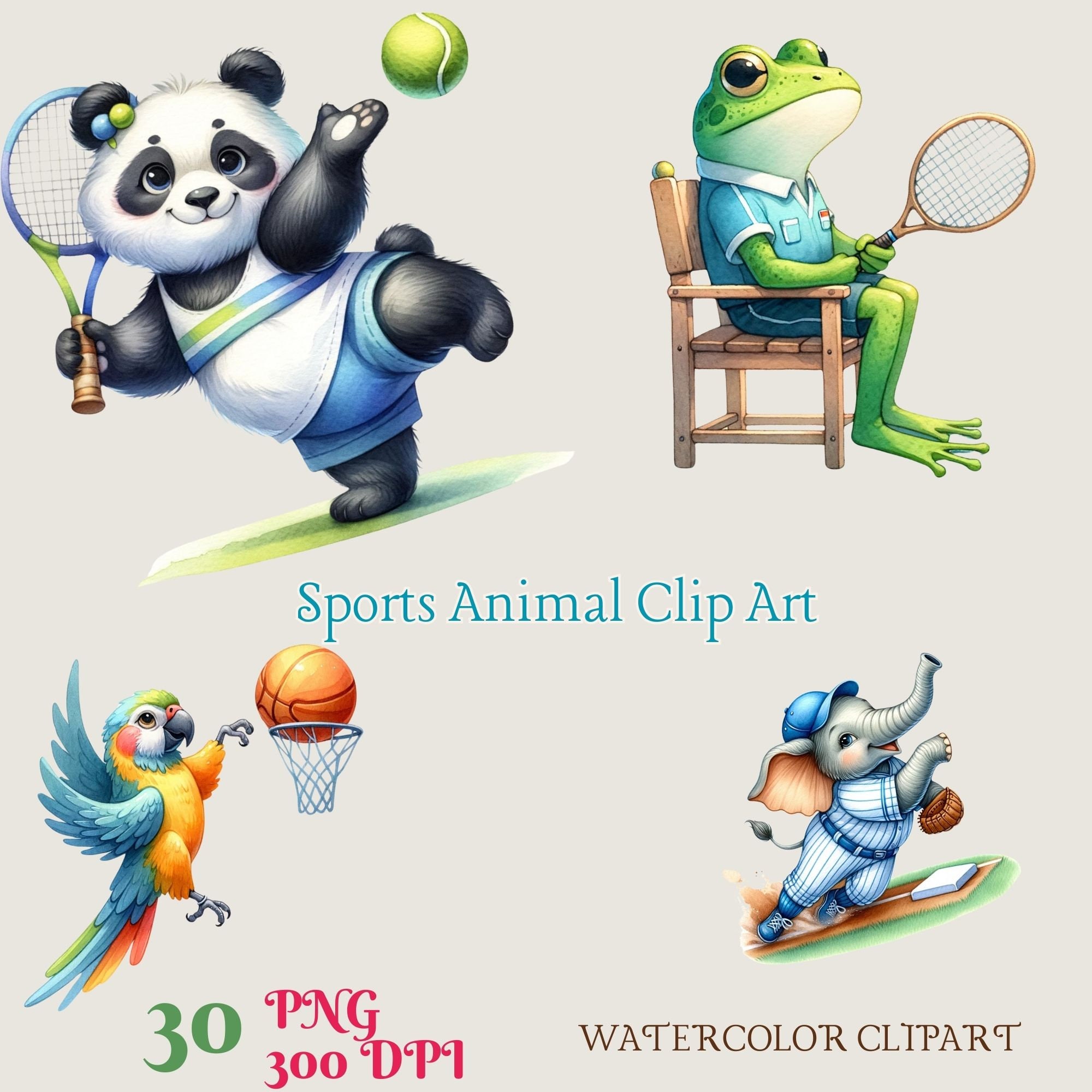 Sport Animal Clipart, Watercolor 30 PNG Athletic Animal, Sports ...