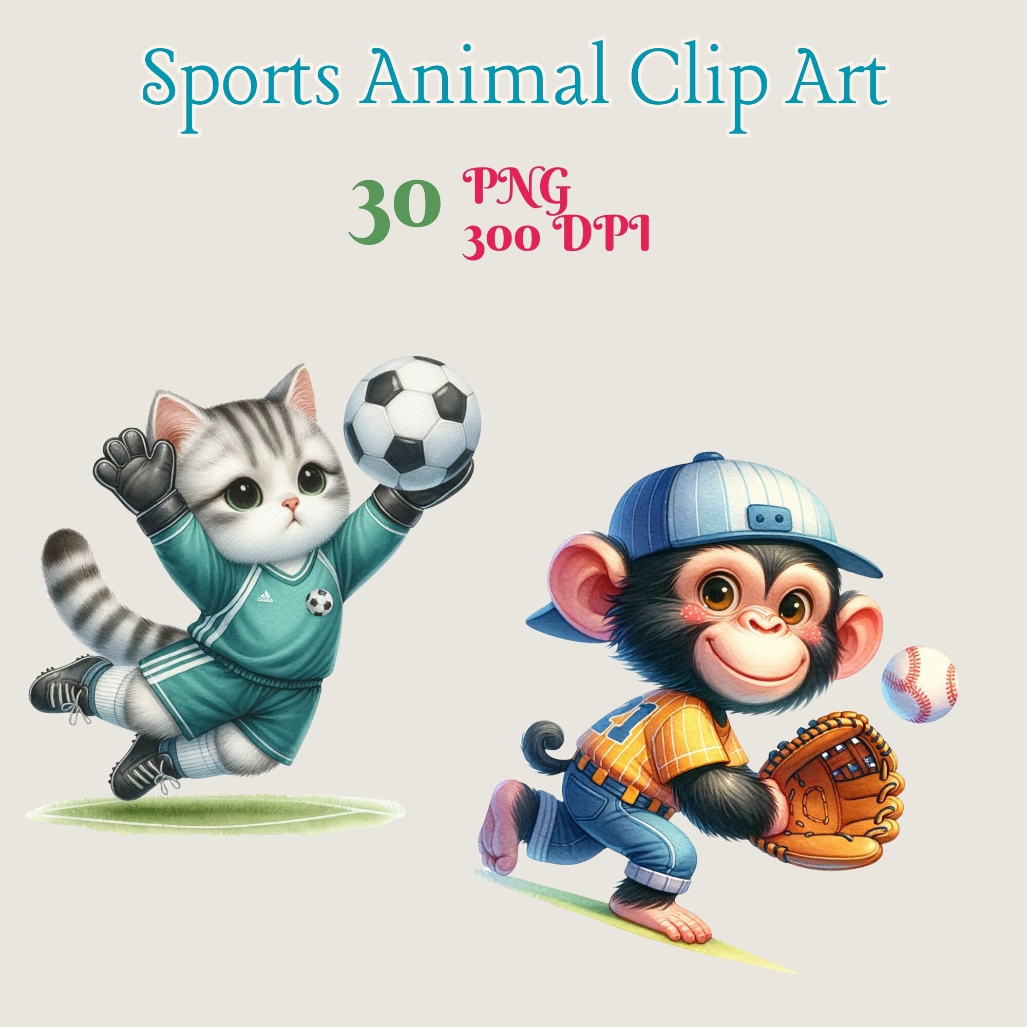 Sport Animal Clipart, Watercolor 30 PNG Athletic Animal, Sports ...