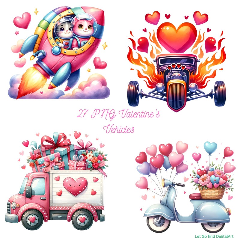 Valentine Clipart, 27 PNG Watercolor, Valentines Vehicles Transport ...