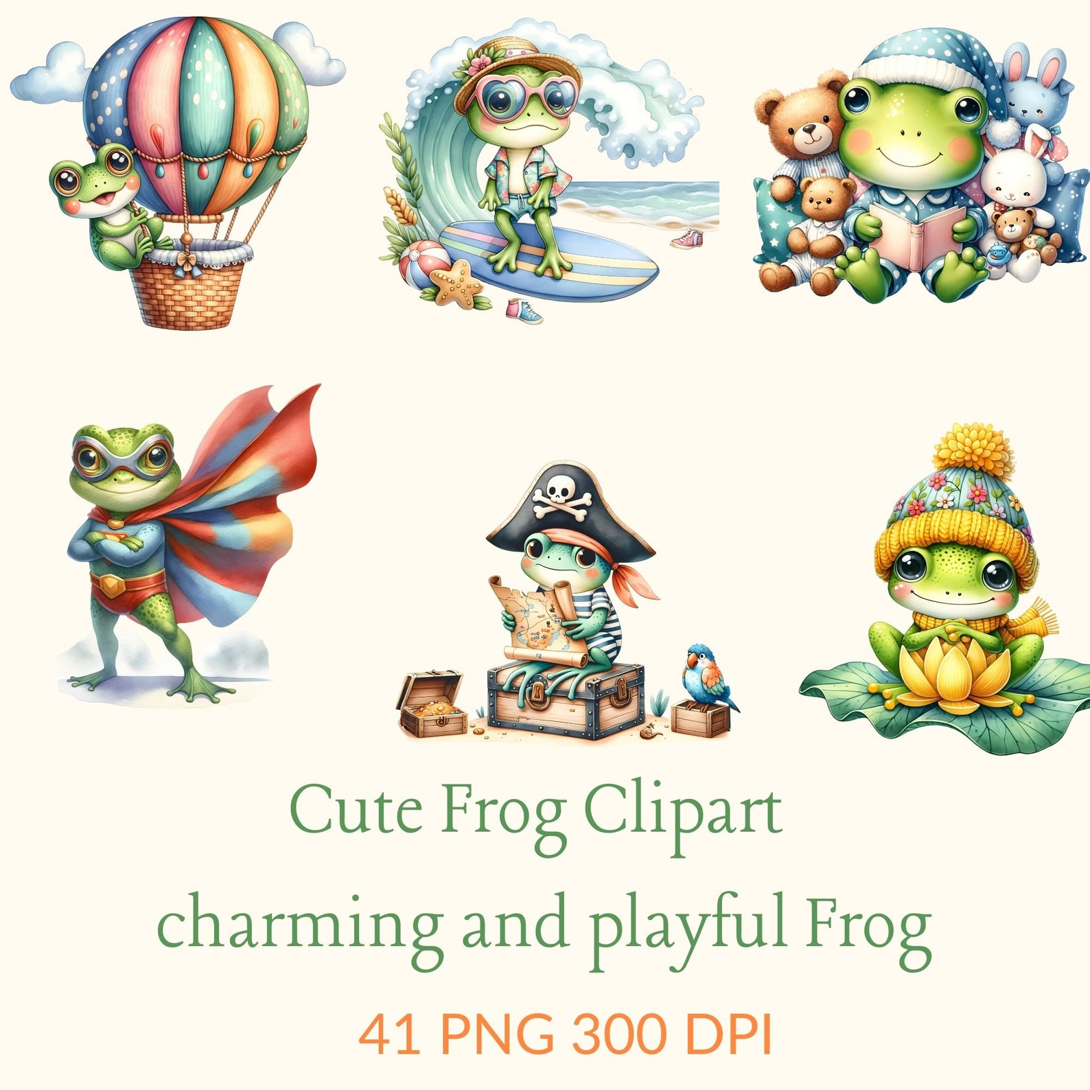 Watercolor Cute Frog Clipart, 41 PNG Charming and Playful Frog, Frog ...