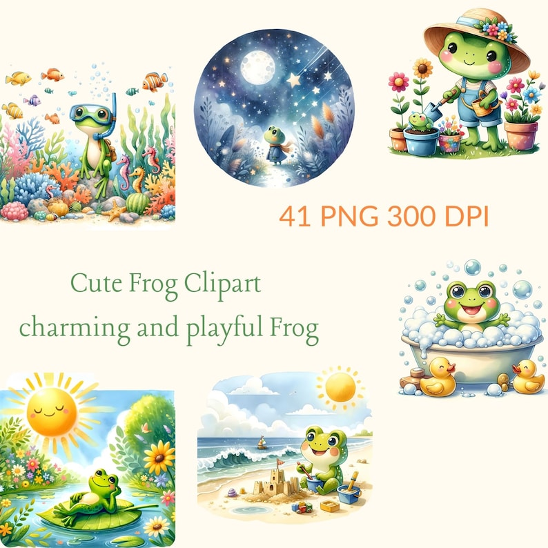 Watercolor Cute Frog Clipart, 41 PNG Charming and Playful Frog, Frog ...