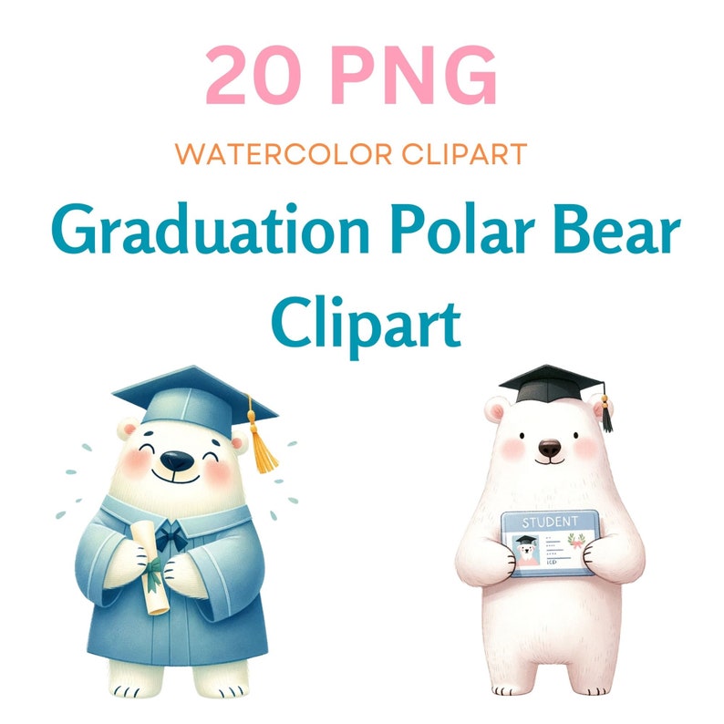 Graduation Polar Bear Clipart, 20 PNG Watercolor Cute Bear ...