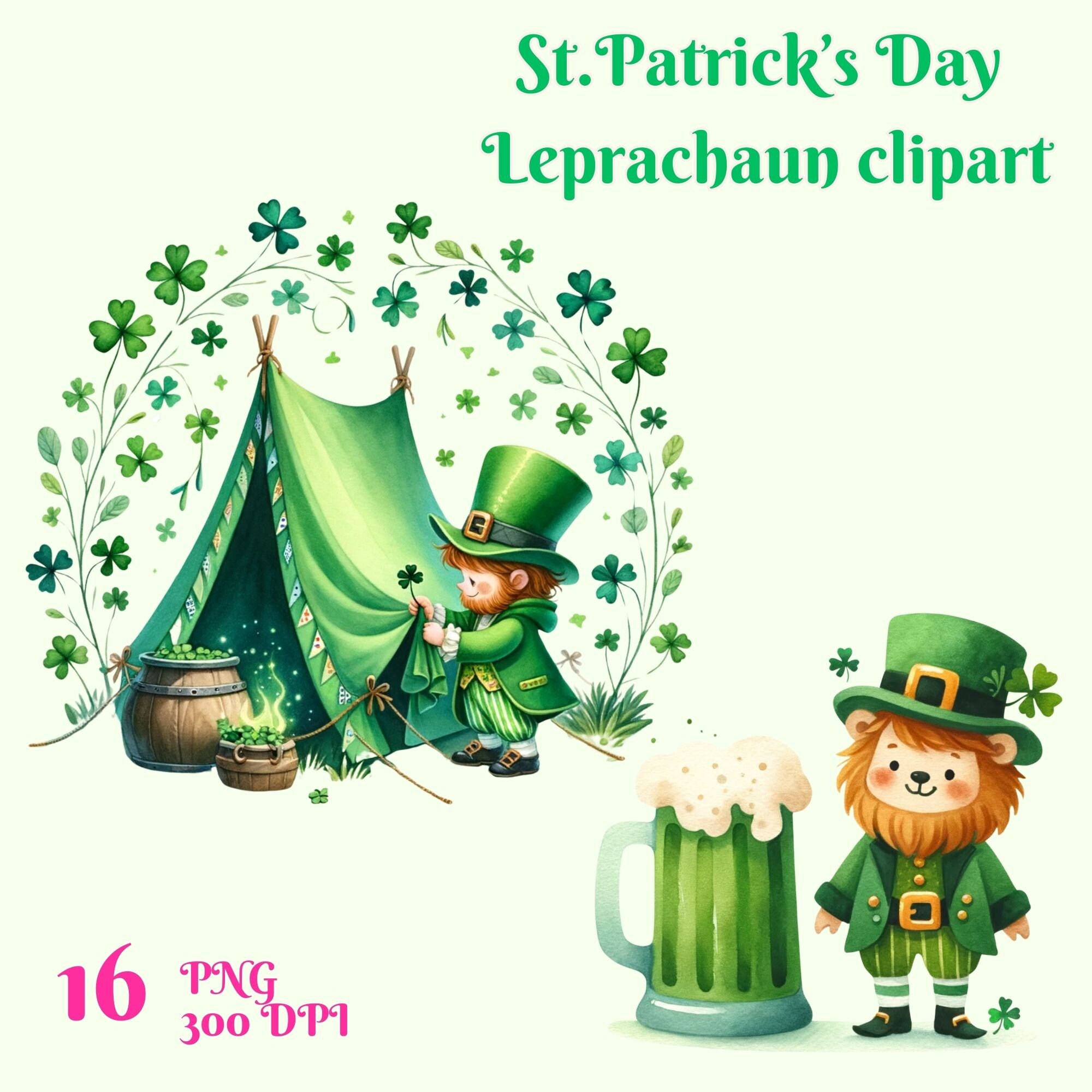 St.patricks Day Leprachaun Clipart, 16 PNG Watercolor Clipart, Shamrock ...