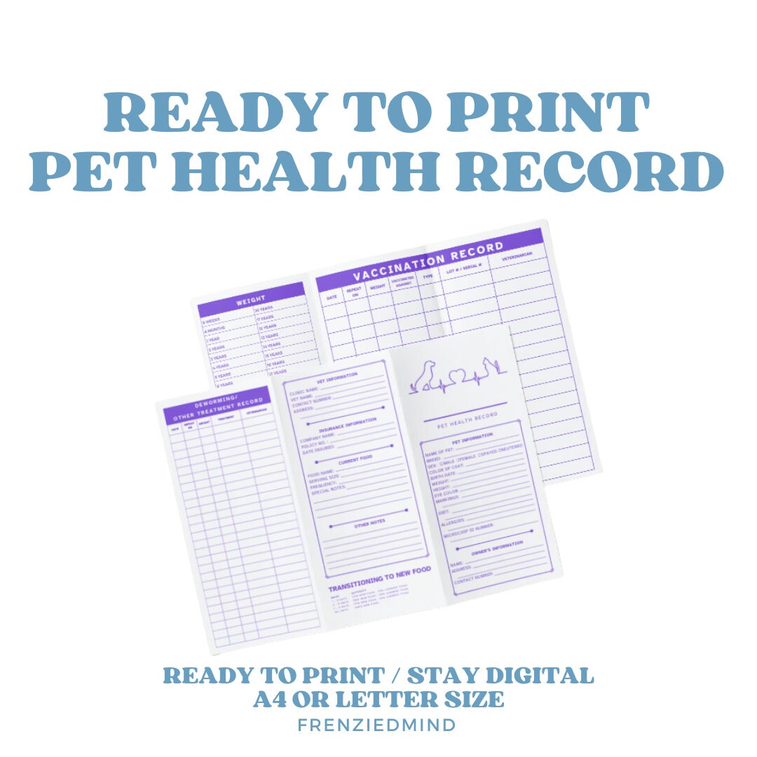 Pet Health Record Printable, Trifold Vaccination Tracker (digital ...