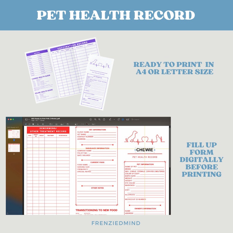 Pet Health Record Printable, Trifold Vaccination Tracker (digital ...