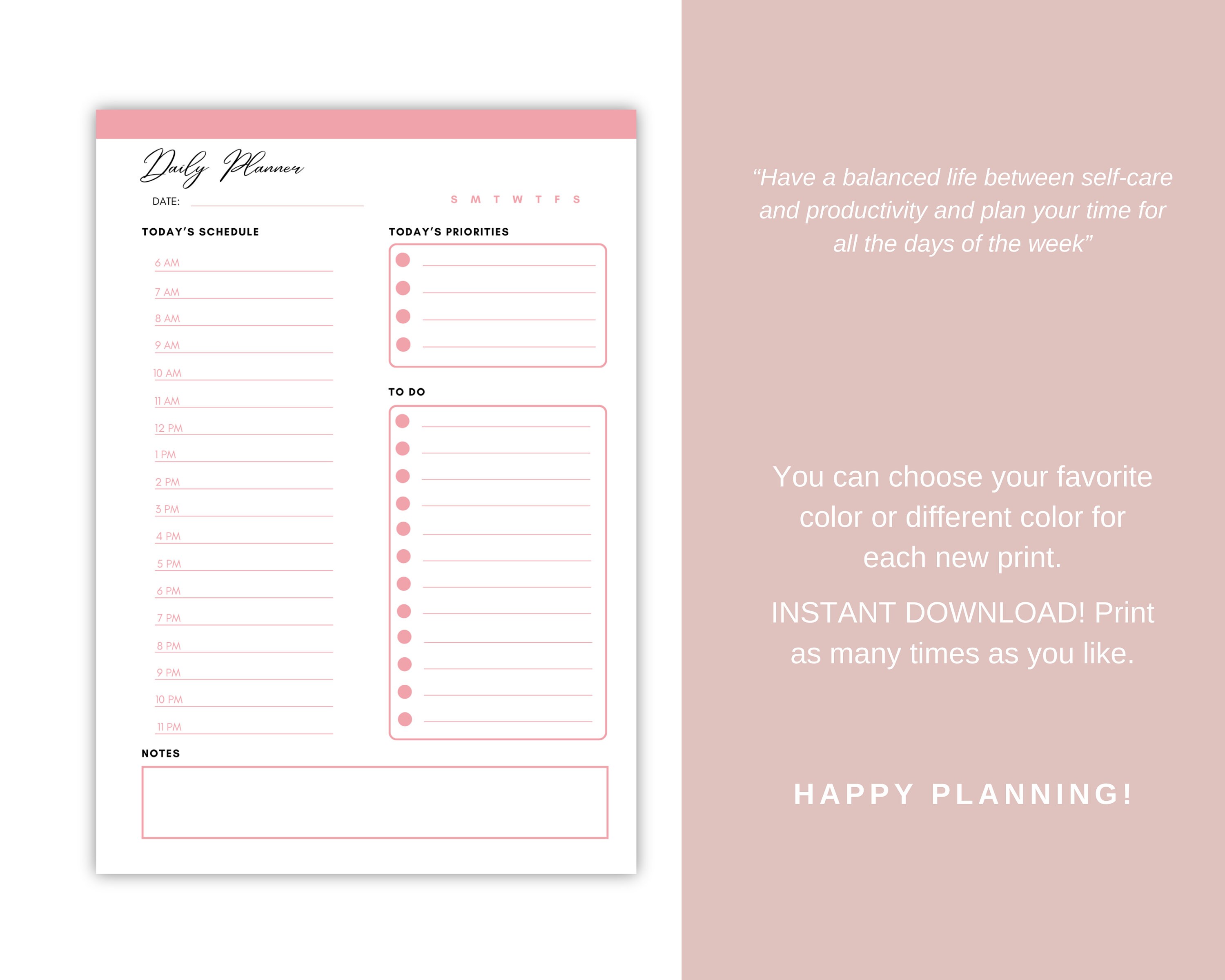 Printable Daily Planner, Daily To-do List, Daily Schedule, Productivity ...