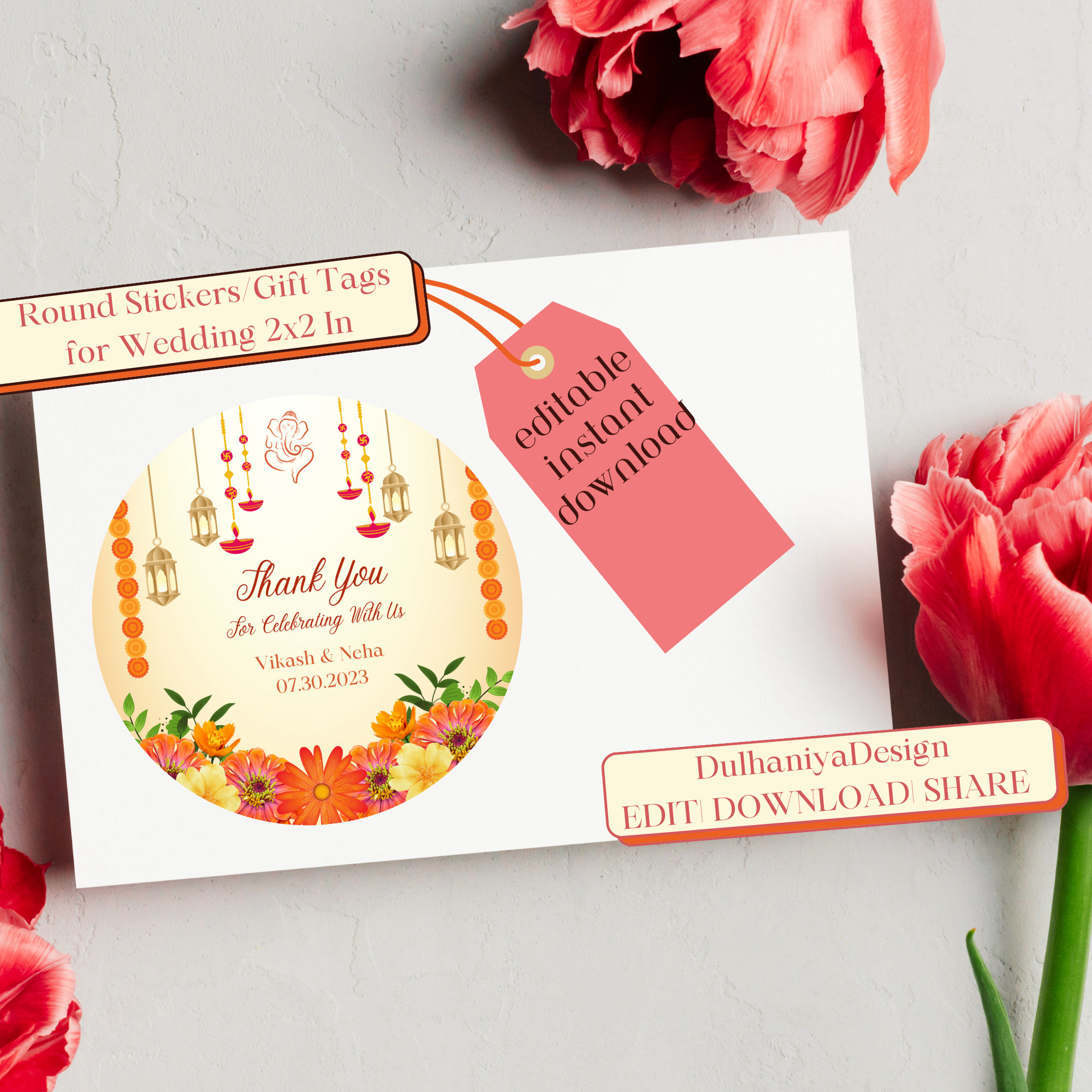 Orange Marigold Favor Tag Template for Indian Wedding Haldi/mendhi ...