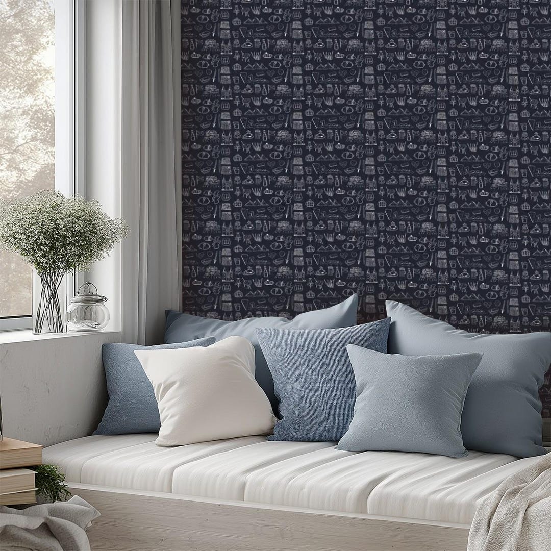 Scottish Doodles, Charcoal Blue - Peel and Stick Wallpaper- Scottish ...