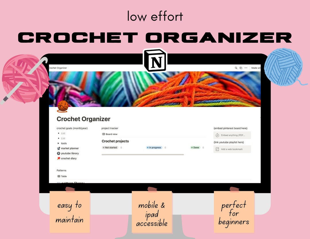 Customizable Low Effort Crochet Organizer Notion Template | Beginner ...