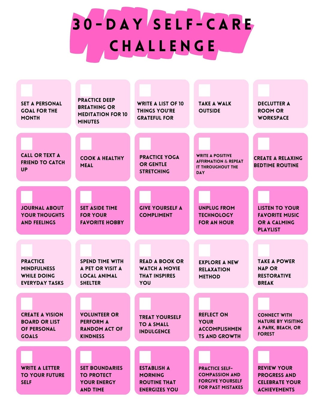 30- Day Self Care Challenge, Pink, Instant Download, Monthly Planner ...
