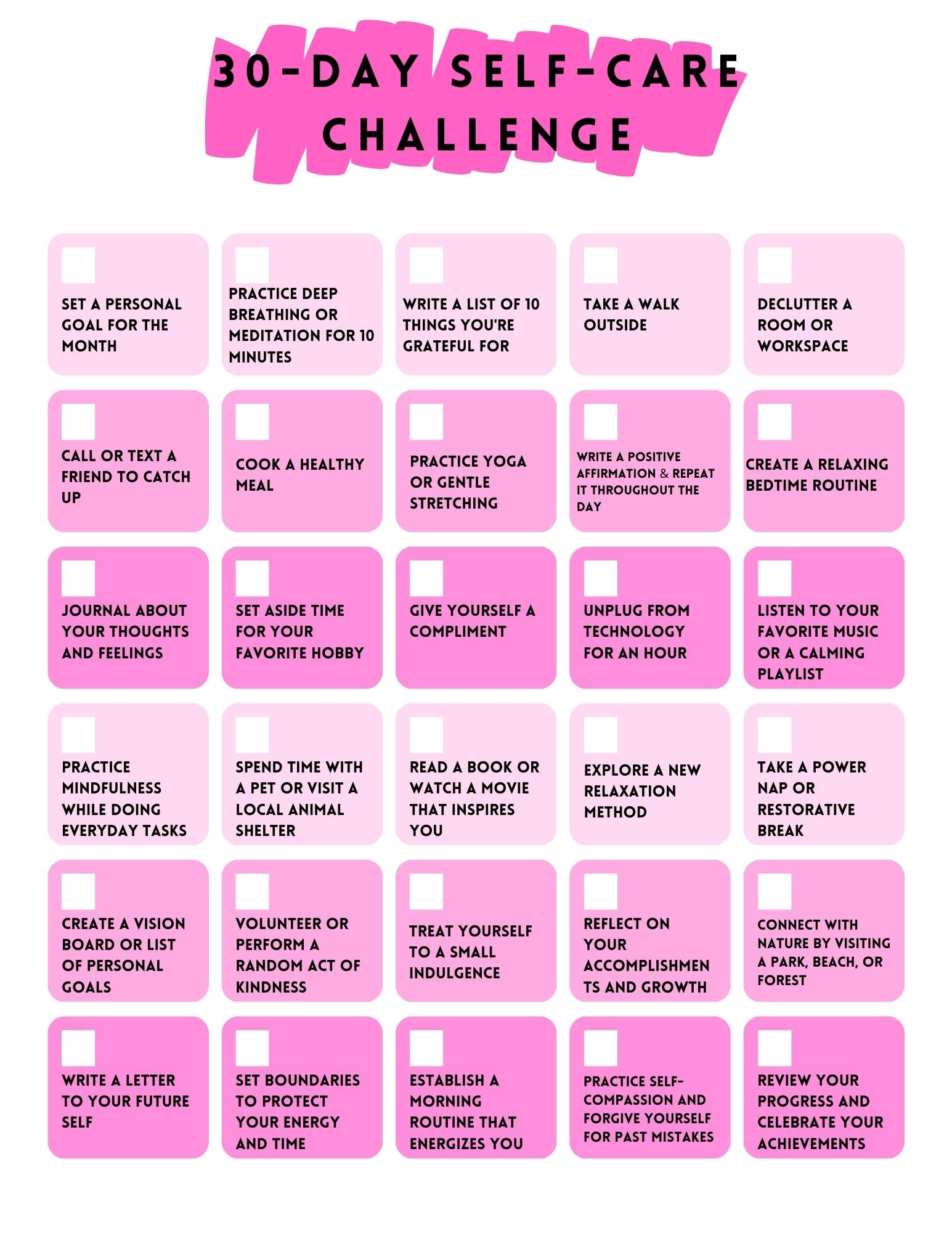 30- Day Self Care Challenge, Pink, Instant Download, Monthly Planner ...