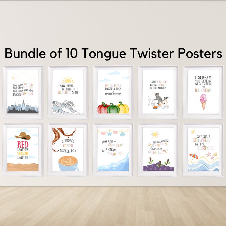 10 Tongue Twister Posters Fun Decor Poster Print for Office Classroom ...