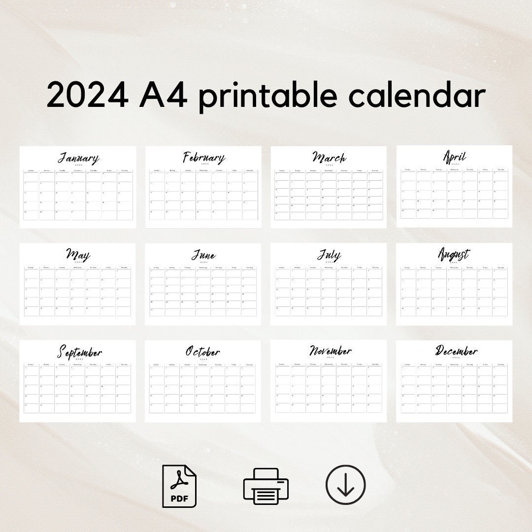 2024 Monthly Printable Calendar Instant Digital Download Black and ...