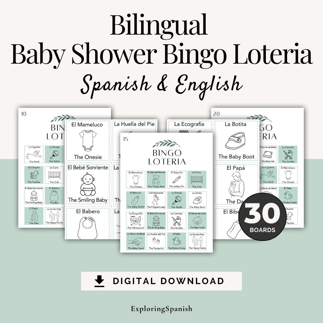 Bilingual Baby Shower Bingo in Spanish & English/ Loteria Bilingüe Para ...