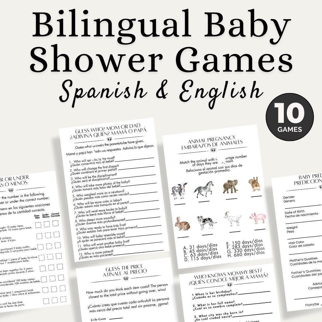 10 Bilingual Spanish English Baby Shower Games Minimalist Version/10 ...