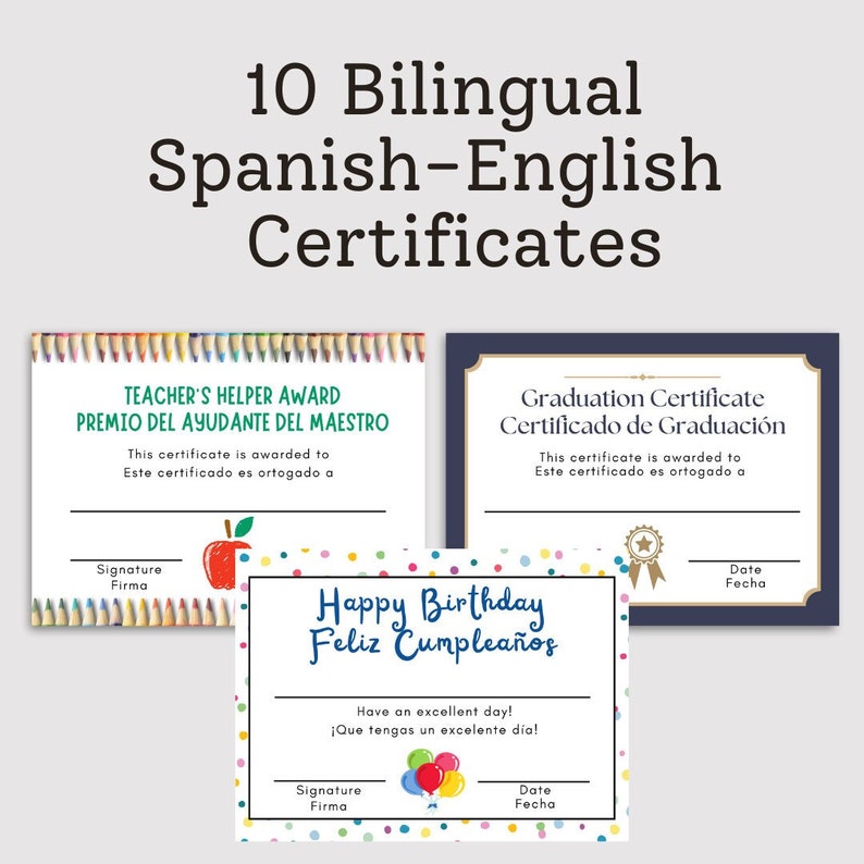 10 Bilingual Certificates for Teachers, Spanish-english/10 Certificados ...