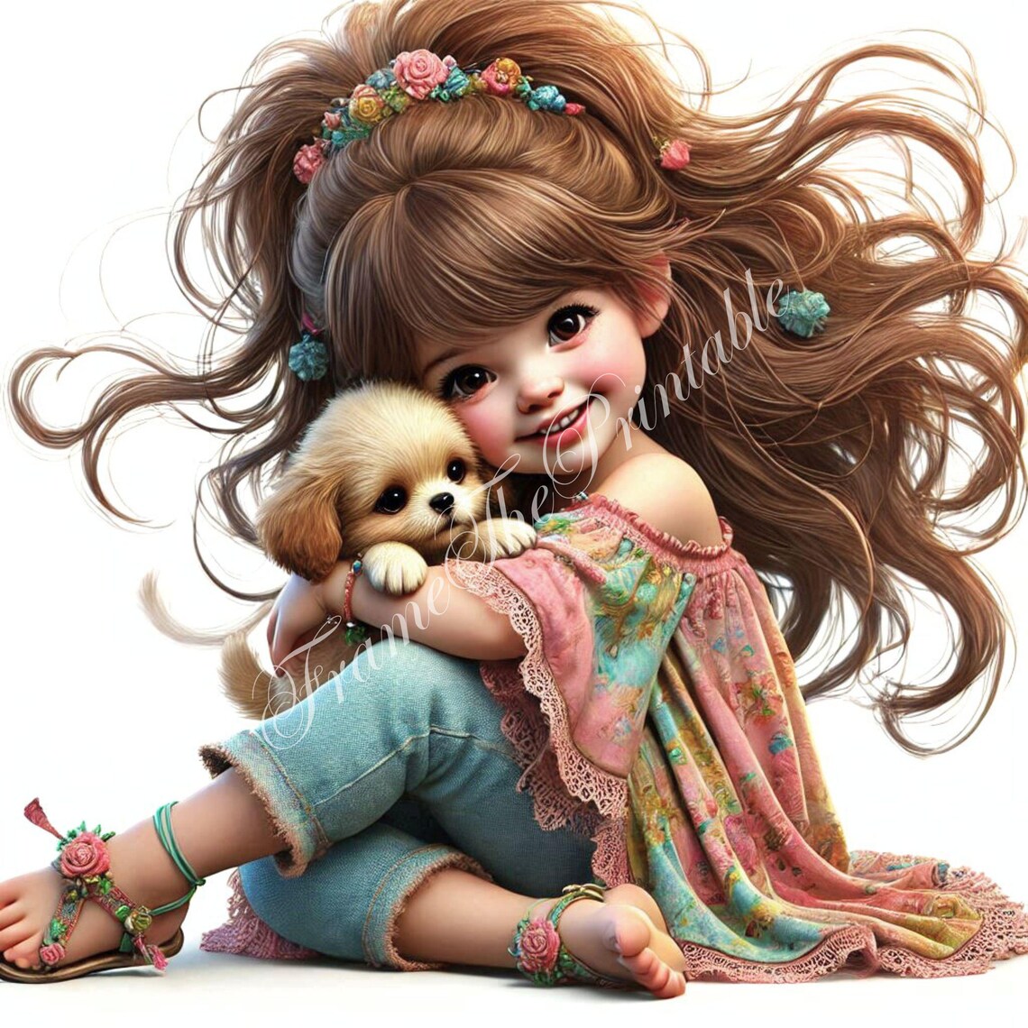 Girl With Puppy Clipart Whimsical Cute Girl With Dog Bundle Watercolour ...