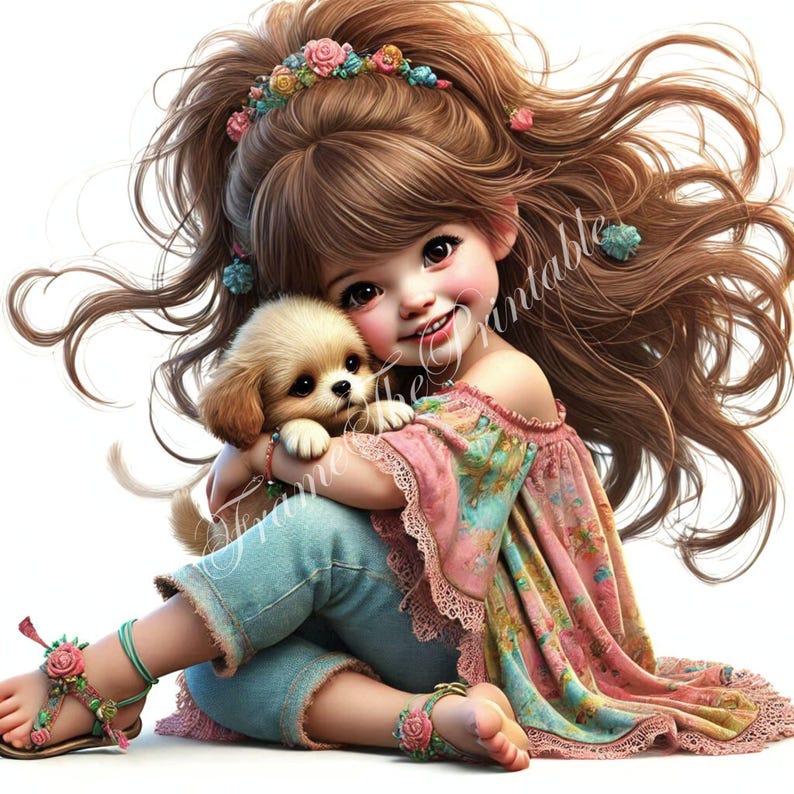 Girl With Puppy Clipart Whimsical Cute Girl With Dog Bundle Watercolour ...