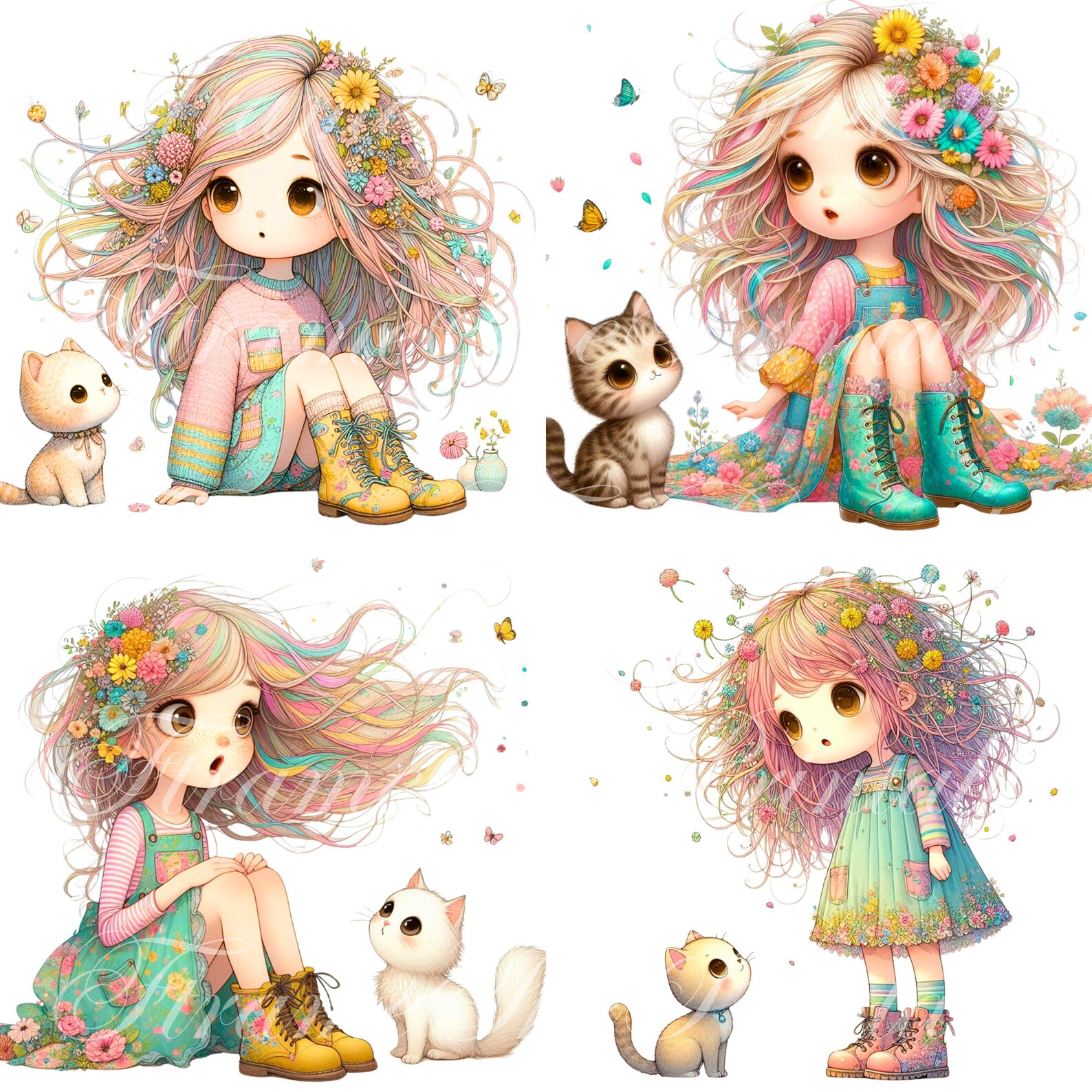 Quirky Girl With Kitten Cute Floral Girl Cat Images JPG PNG SVG Clipart ...