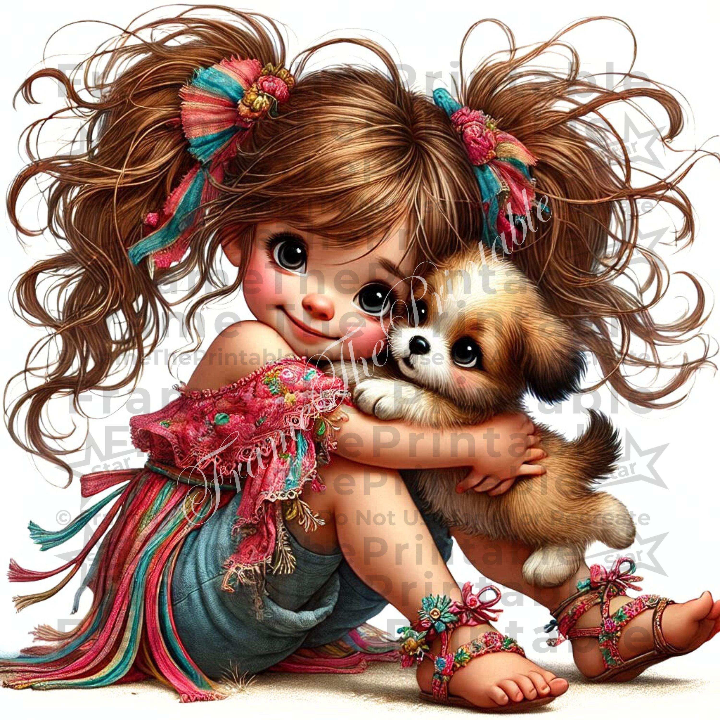 Girl With Puppy Clipart Whimsical Cute Girl With Dog Bundle Watercolour ...