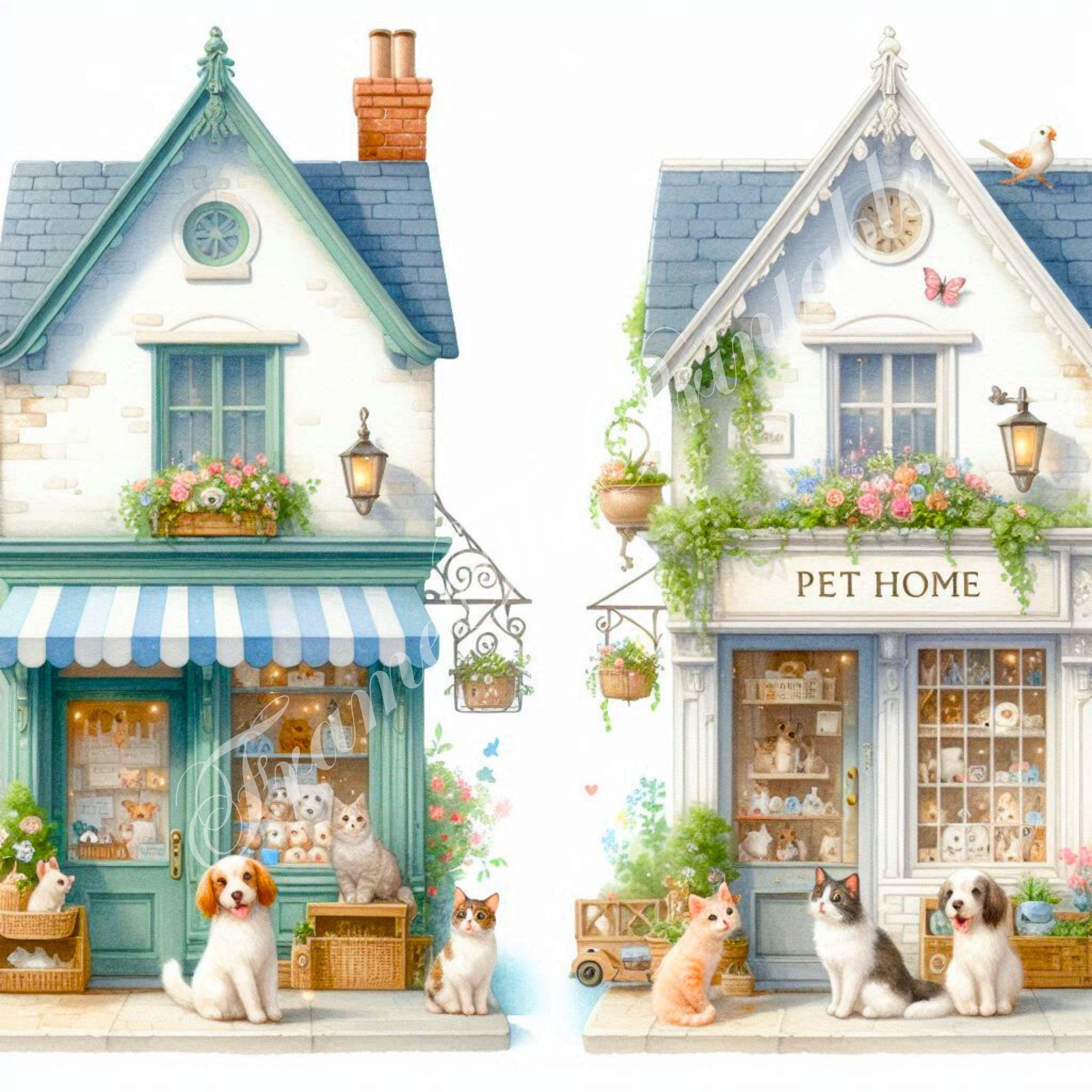 12 Pet Shop Vintage Style Clipart, Animals Home Store Illustration ...