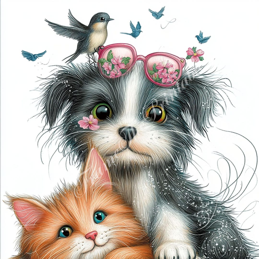 Quirky Dog and Cat Clipart Cute Frazzled Animal Whimsical Dog and Cat ...