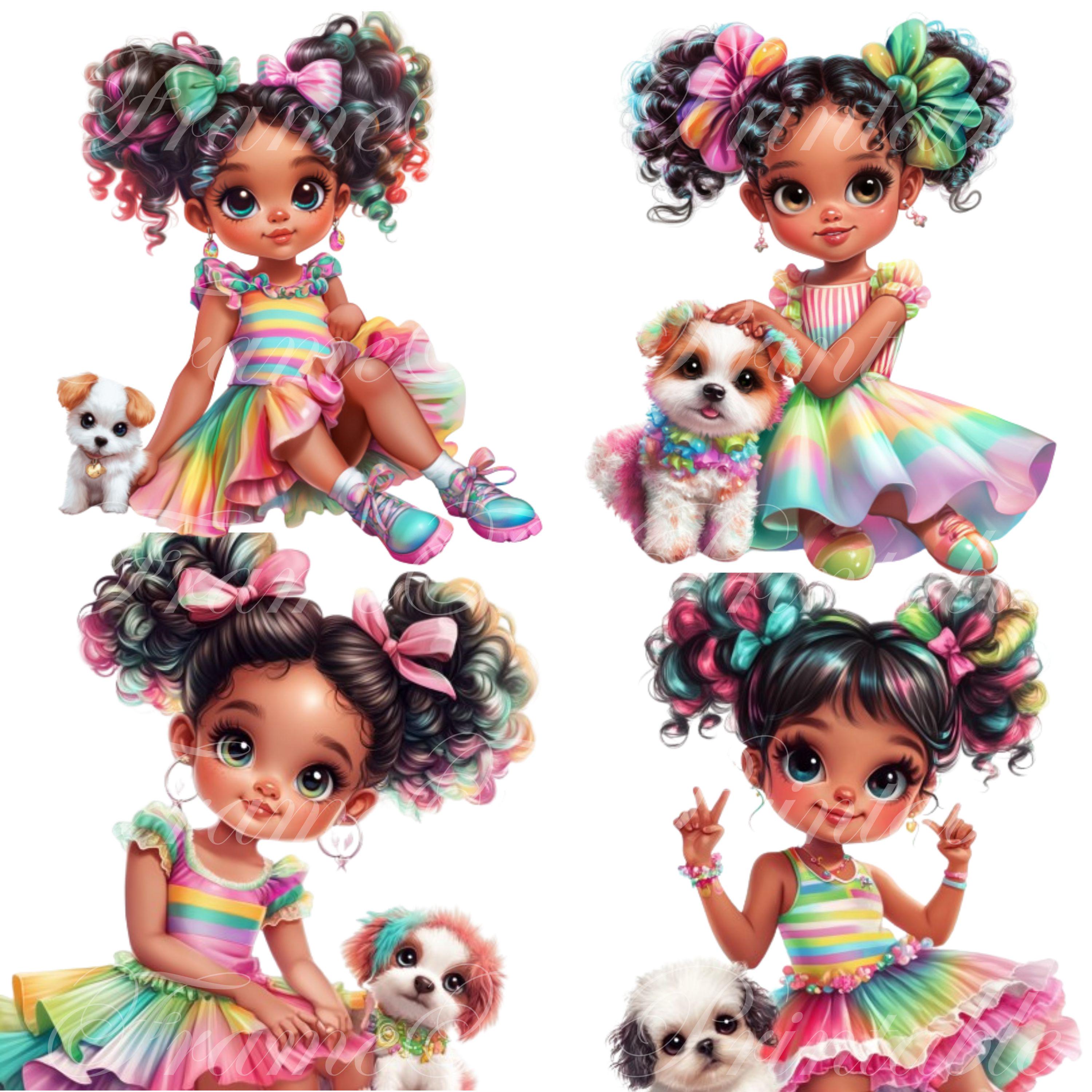 African Girl & Puppy Colourful Clipart Commercial Whimsical Ephemera ...