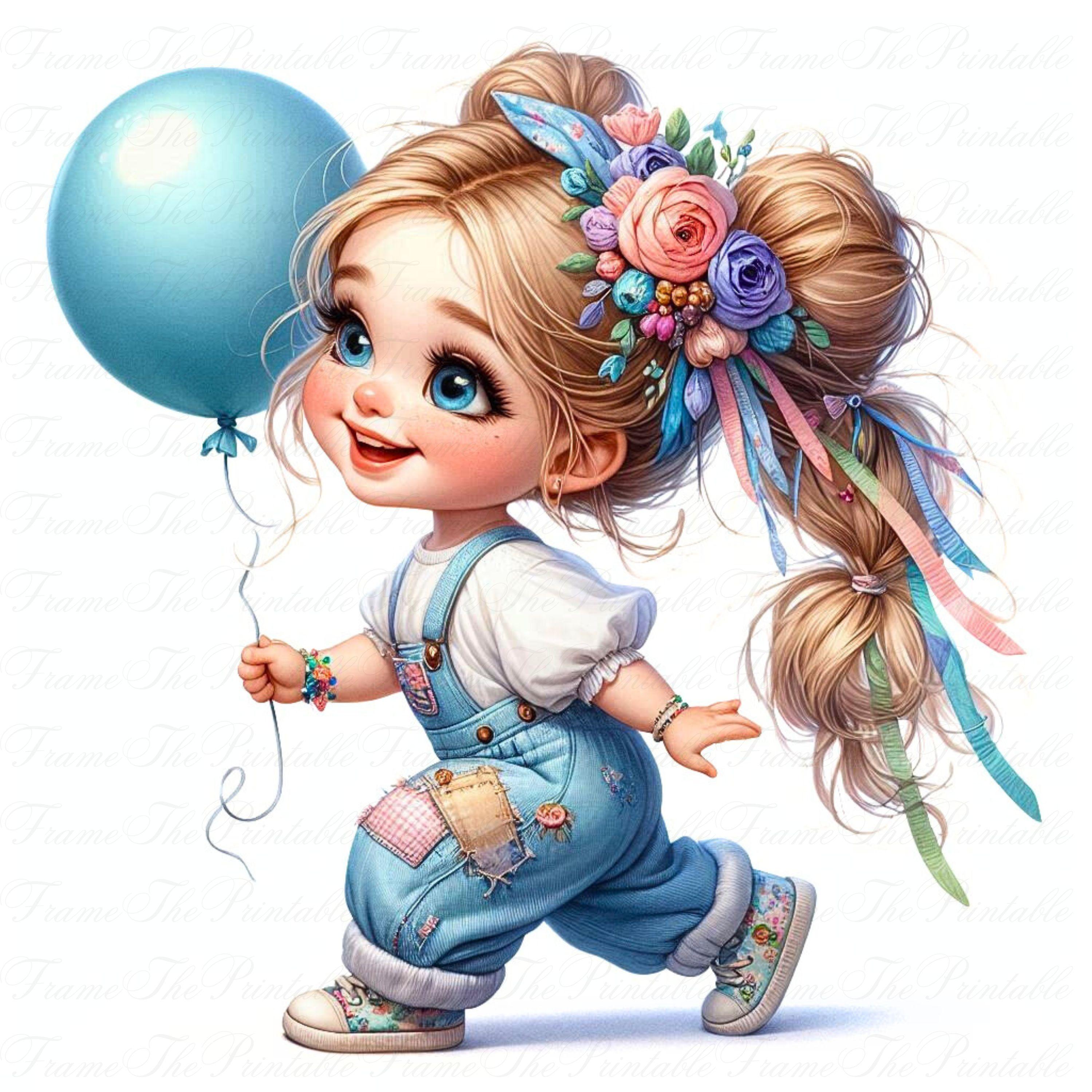 Cute Baby Girl Clipart, Balloon Girl Illustration, Vintage Toddler ...