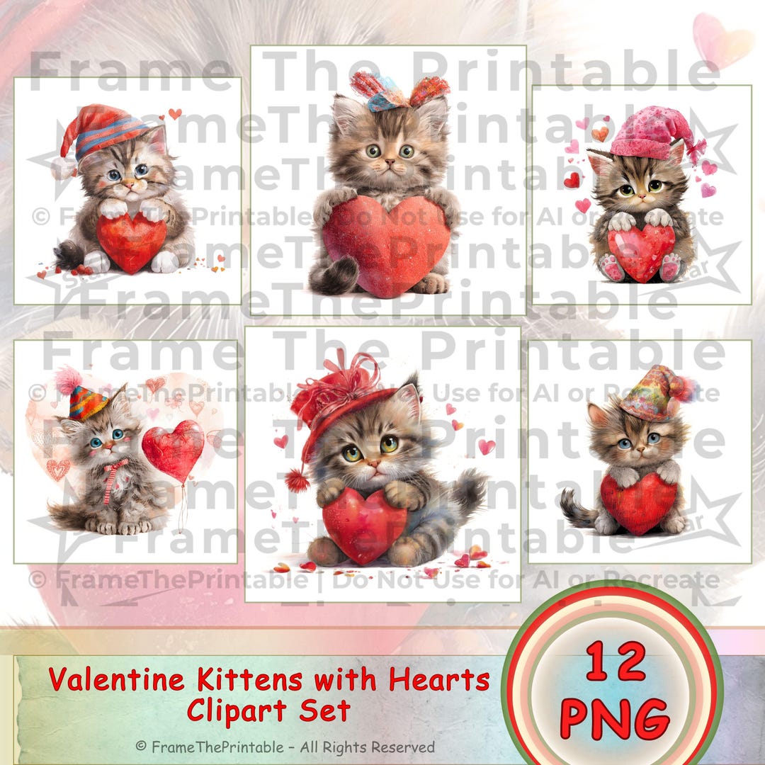 Valentine Kittens Clipart Set With Heart Illustrations for Crafts and ...