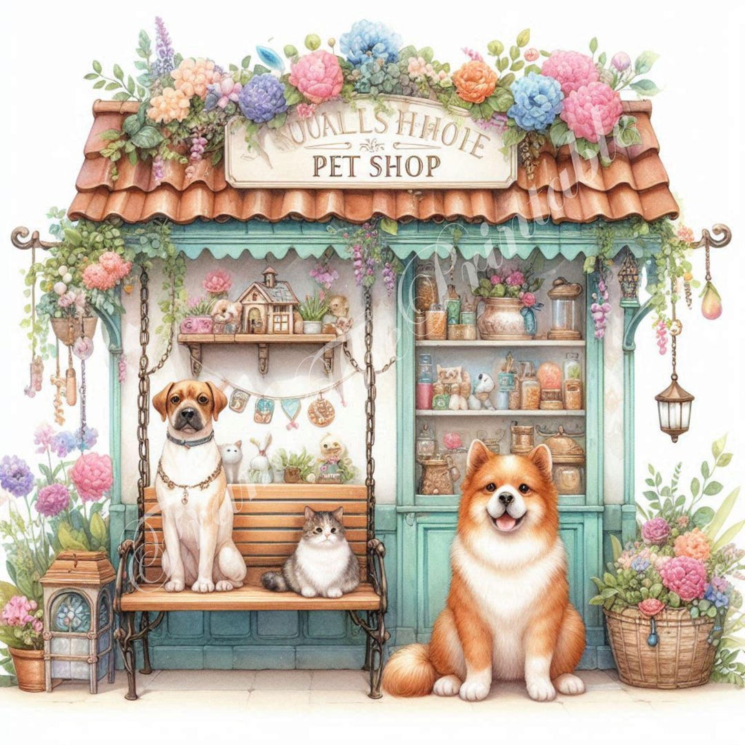 12 Pet Shop Vintage Style Clipart, Animals Home Store Illustration ...
