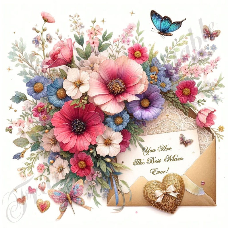 Mother's Day Flowers With Envelope Card Clipart, Gift for Best Mum Ever ...