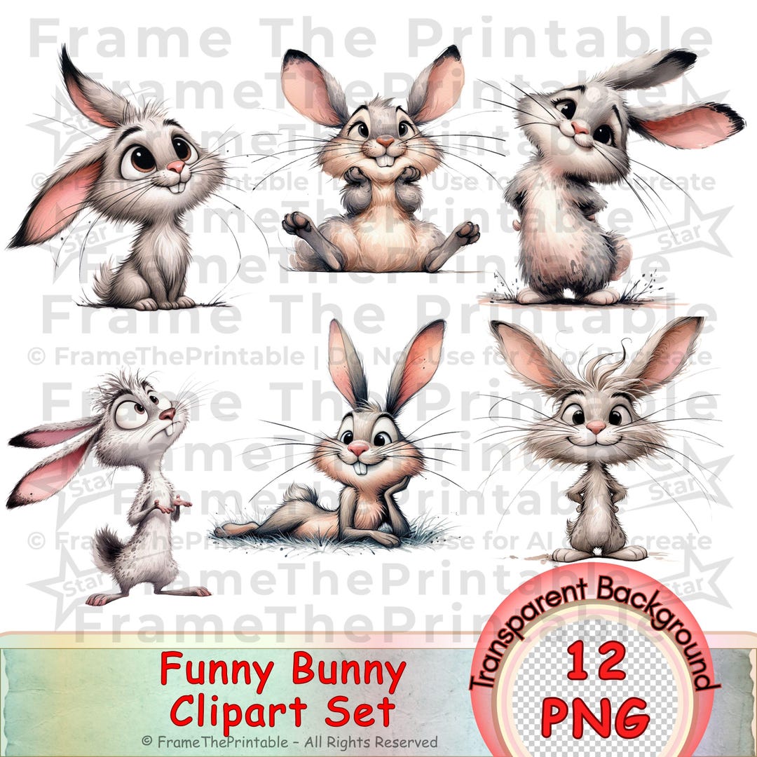 Funny Rabbit Clipart Set, 12 Cartoon Rabbits PNG 300 DPI, Whimsical ...