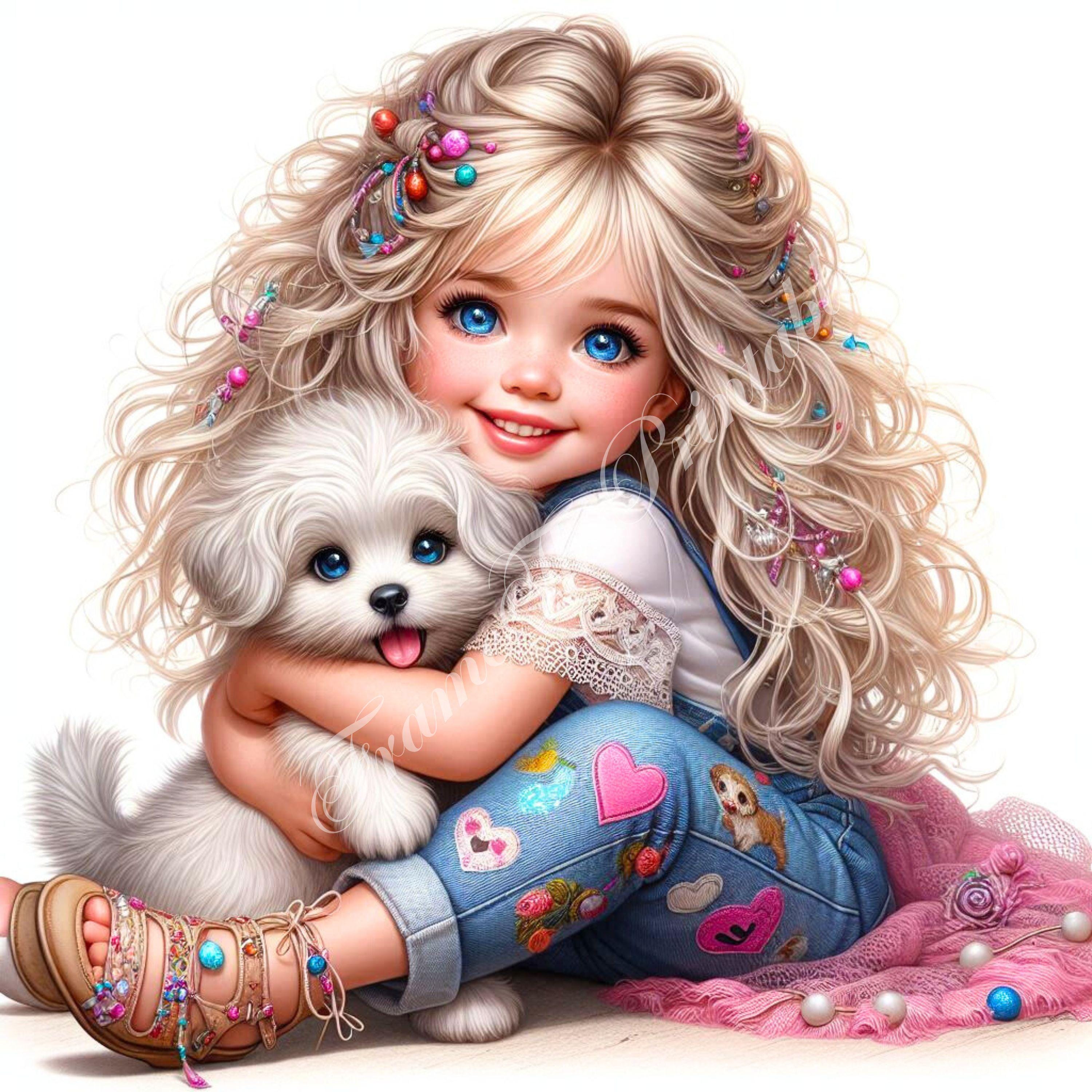 10 Beautiful Girl With Puppy Clipart Whimsical Girl With Animal Bundle ...