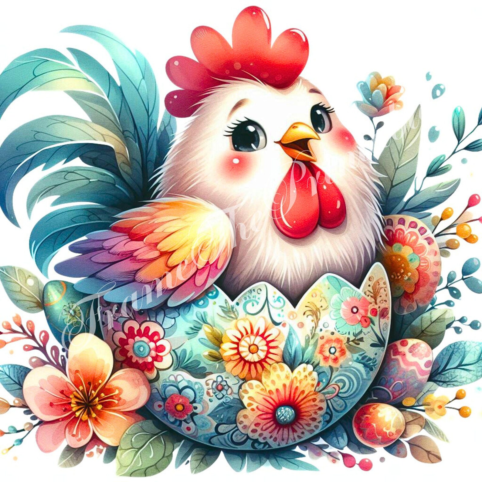 Floral Easter Roster Clipart, Chicken With Egg High Res, Watercolour ...