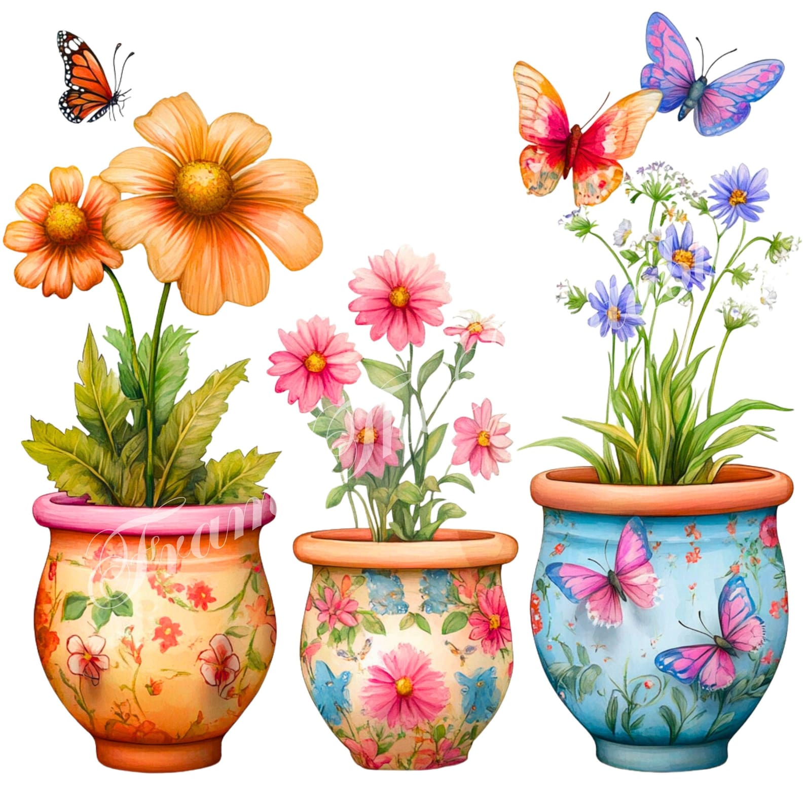12 Whimsical Pots of Flowers Clip Art ,watercolour Row of Flowers, High ...